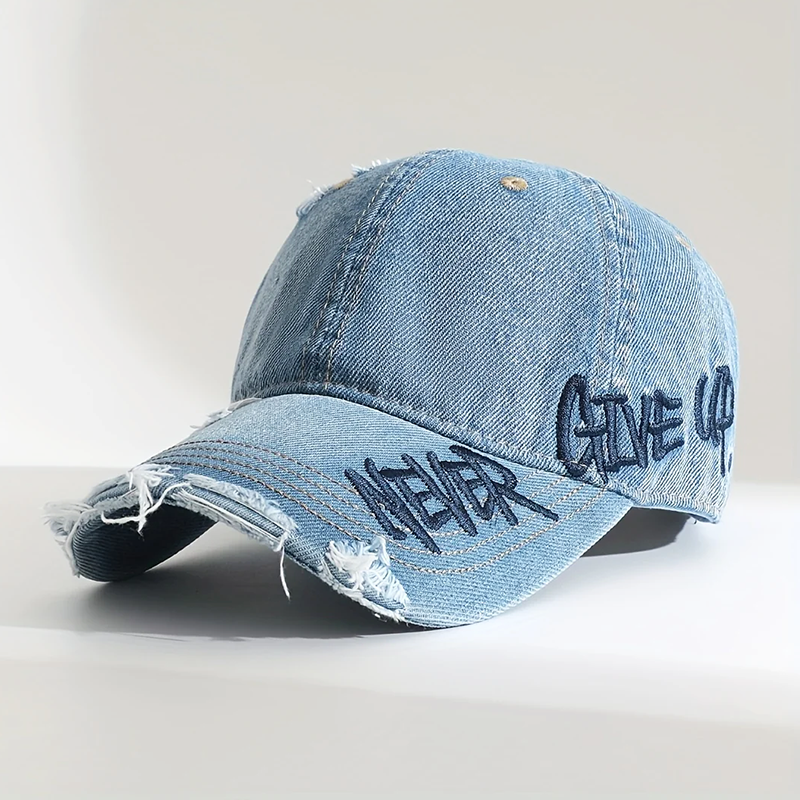 Distressed Denim Baseball Cap with Never Give Up Embroidery – Milanolegacy